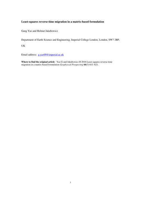 Pdf Least Squares Reverse Time Migration In A Matrix Based Formulation
