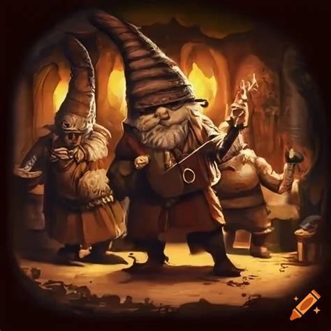 Gnome Band Playing In A Tavern With Intricate Background Crowd On Craiyon