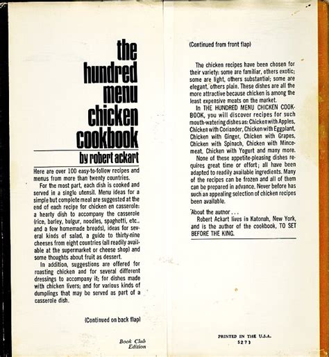 The Hundred Menu Chicken Cookbook Hardback 1972 By Robert Ackart One Pot Recipes Easy To Make