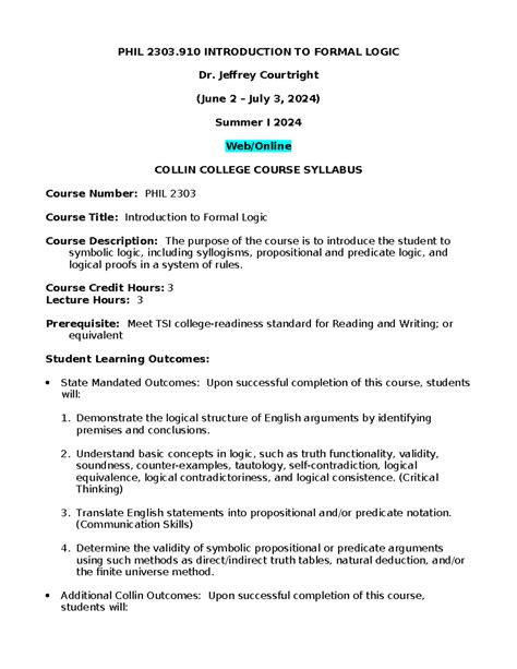 PHIL Intro TO Formal Logic Syllabus WEB Summer I PHIL INTRODUCTION TO