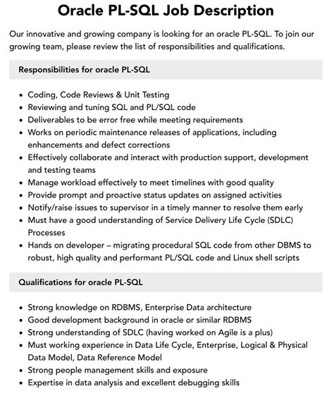 Oracle PL SQL Job Description Velvet Jobs