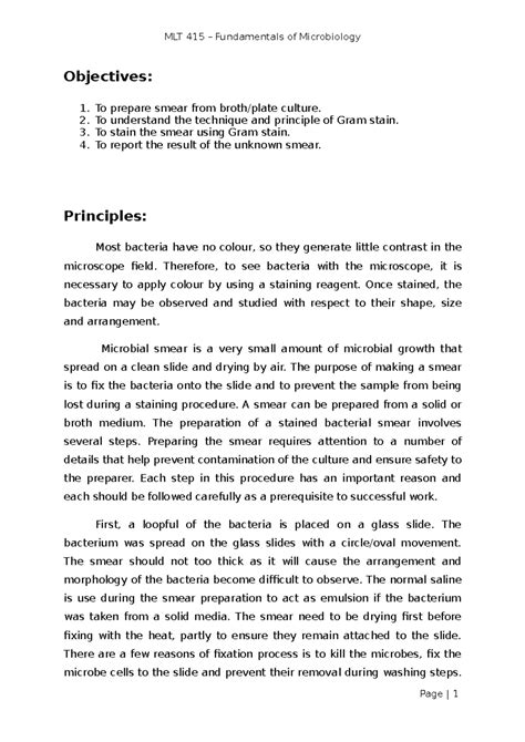 MLT Lab Report Smear Preparation And Objectives To Prepare Smear From Broth Plate Culture