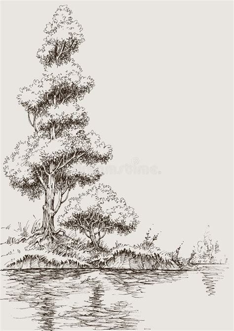 River Flow And Nature Landscape Stock Vector Illustration Of Flow Sketch