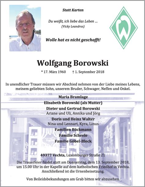 Traueranzeigen Von Wolfgang Borowski Om Trauer De