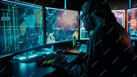 Premium Photo Cyber Criminal Hacking System At Monitors Hacker Hands