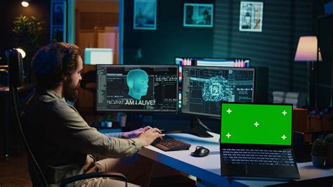 Premium Photo Ai Becoming Sentient Chatting With Computer Scientist Green Screen Laptop