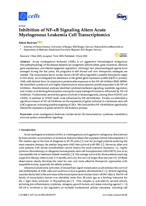 Pdf Inhibition Of Nf κb Signaling Alters Acute Myelogenous Leukemia Cell Transcriptomics