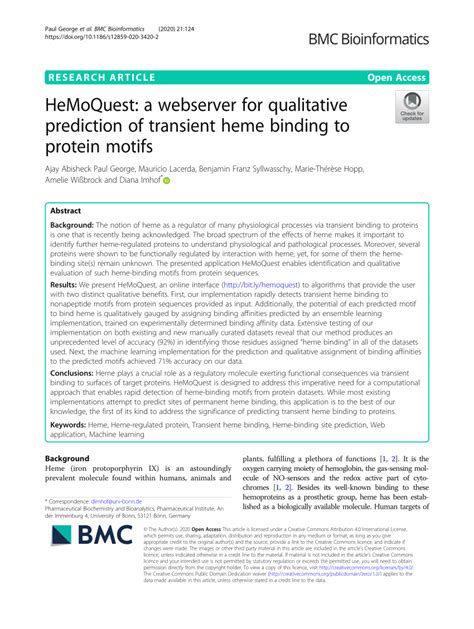 Pdf Hemoquest A Webserver For Qualitative Prediction Of Transient Heme Binding To Protein Motifs