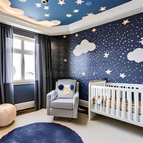 A Whimsical Nursery With A Celestial Theme Featuring Starry Wallpaper Cloud Shaped Decor And
