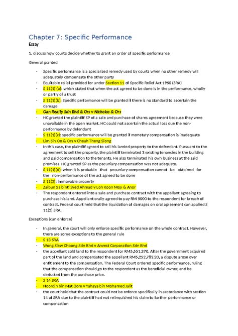 Specific Performance And Injunction Chapter 7 Specific Performance Essay Discuss How Courts