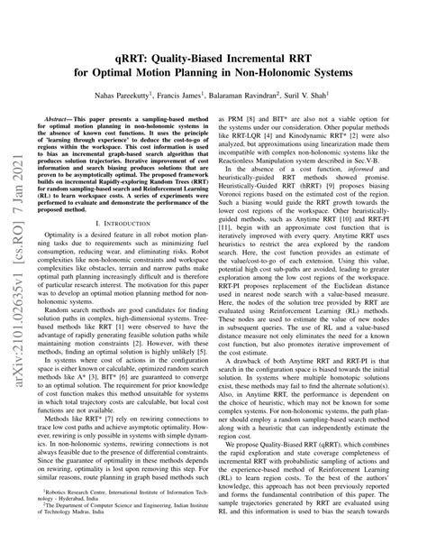 Pdf Qrrt Quality Biased Incremental Rrt For Optimal Motion Planning