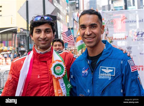 New York Ny August 15 2022 Race Car Driver Atharva Desai And Astronaut Raja Chari Attend