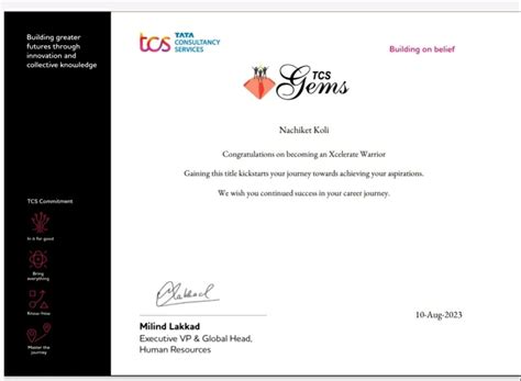 Recieved Xcelerate Warrior Certificate Nachiket Koli