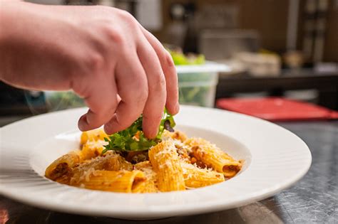 신선한 허브와 강판 치즈를 곁들인 리가토니 파스타 플레이트를 셰프의 손길로 장식하여 전문적인 주방 환경에서 맛있고 고전적인 이탈리아 요리를 강조합니다 건강한 생활방식에 대한