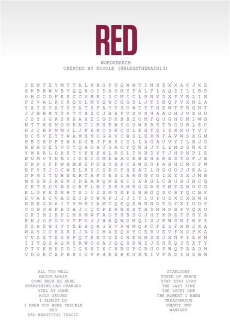 Red Word Search Letras De Taylor Swift Concierto De Taylor Swift