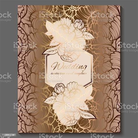 골동품 로얄 럭셔리 웨딩 초대장 흰색 배경에 금색 프레임과 텍스트 장소 장미 또는 모란으로 만든 레이스 단풍 빛나는 그라데이션 0명에 대한 스톡 벡터 아트 및 기타 이미지