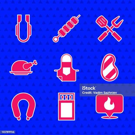 세트 키친 앞치마 성냥갑 화재 불꽃 스테이크 고기 소시지 구운 칠면조 또는 닭고기 크로스 포크 주걱과 고기 집게 아이콘위치 벡터 가연성에 대한 스톡 벡터 아트 및 기타