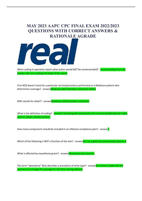May 2023 Aapc Cpc Final Exam 2022 2023 Questions With Correct Answers And Rationale Agrade May