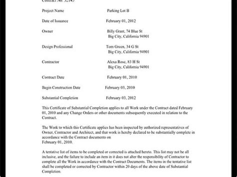Certificate Of Substantial Completion Template Certificate Of Substantial Completion Form For