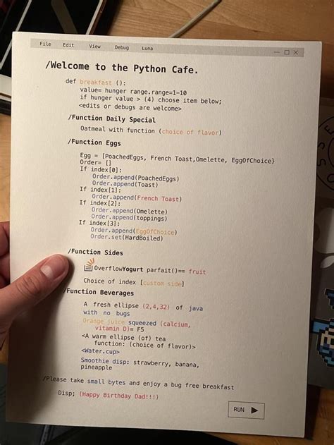 File Edit View Debug Luna Welcome To The Python Cafe Def Ore Value Hunger Range Range