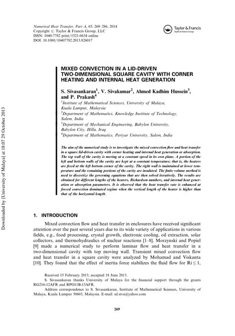 Pdf Mixed Convection In A Lid Driven Two Dimensional Square Cavity With Corner Heating And