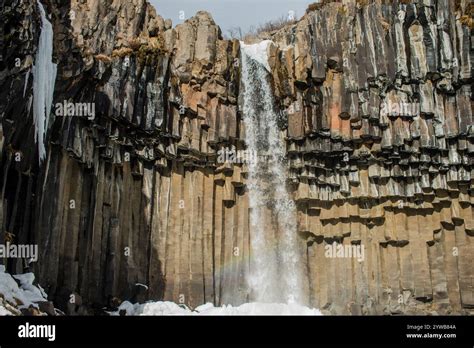 Well Known Waterfall In Iceland Over A Basaltic Columnar System Stock
