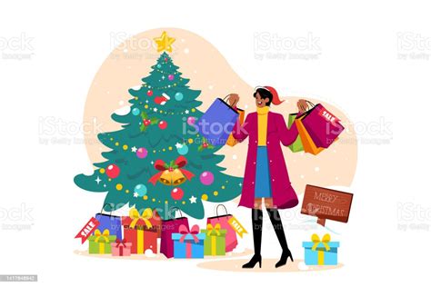 흰색 바탕에 크리스마스 쇼핑백 플랫 일러스트 컨셉을 가진 여성 겨울에 대한 스톡 벡터 아트 및 기타 이미지 겨울 계절 나무 Istock