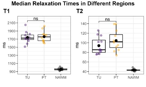 median t1 left and t2 right relaxation times within the tumor tu