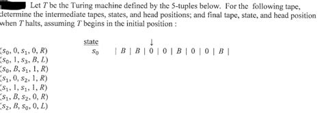 [solved] let t be the turing machine defined by the 5 tuples below