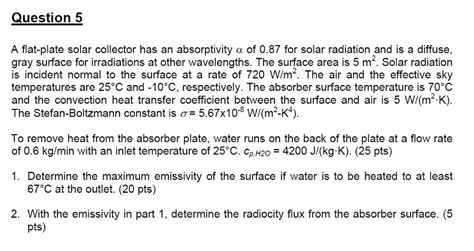 Solved A Flat Plate Solar Collector Has An Absorptivity
