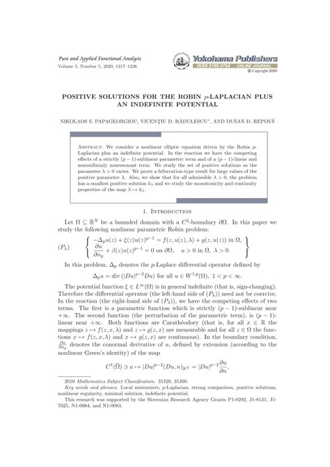 Pdf Positive Solutions For The Robin P Laplacian Plus An Indefinite