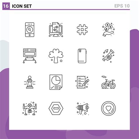 Group Of 16 Outlines Signs And Symbols For Data Computer Follow Revenue Income Editable Vector