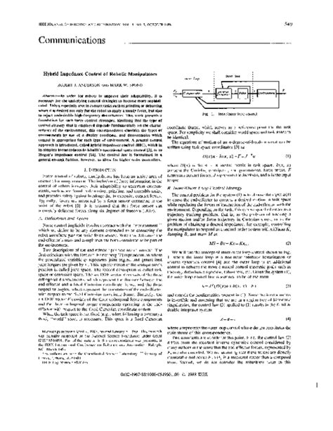 Pdf Hybrid Impedance Control Of Robotic Manipulators