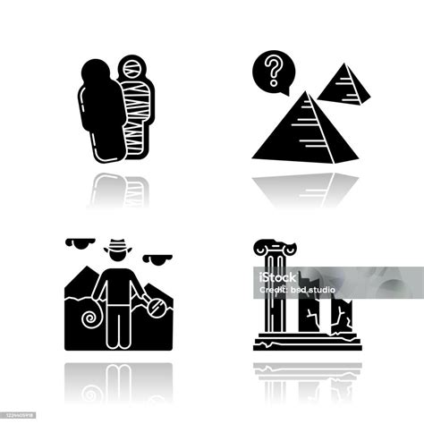 고고학 드롭 그림자 검은 문 양 아이콘 세트 석관에 미라 피라미드 이집트 문화 신비 연구원 기둥 유적 깨진 기둥 역사 문화 격리된 벡터 일러스트레이션 개념에 대한 스톡 벡터