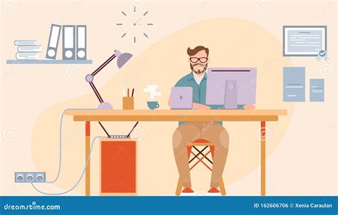 Office Worker In A Flat Design Business People Vector Illustration Man Sitting And Working