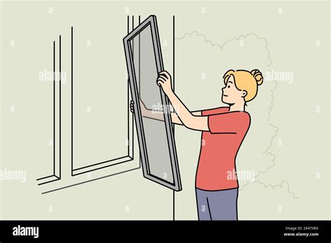 Woman Install Fly Screen On House Window Female Put Plastic Mesh Insect Screen Panel On