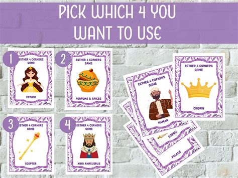 Queen Esther 4 Corners Game Bible Story Activity Printable Bible