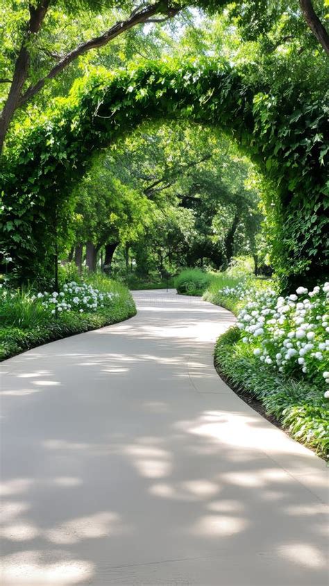 Serene Garden Pathway With Lush Greenery And Flowering Archway Stock