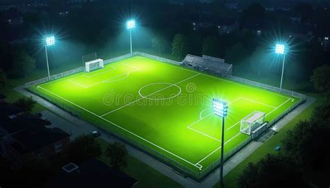 Night Football Pitch Illuminated By Bright Floodlights Ready For Game