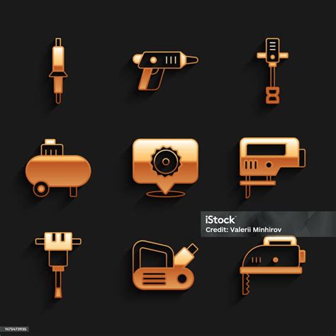 원형 톱날 전기 대패 도구 퍼즐 건설 착암기 공기 압축기 전기 손 콘크리트 믹서 및 납땜 인두 아이콘을 설정합니다 벡터 강철에