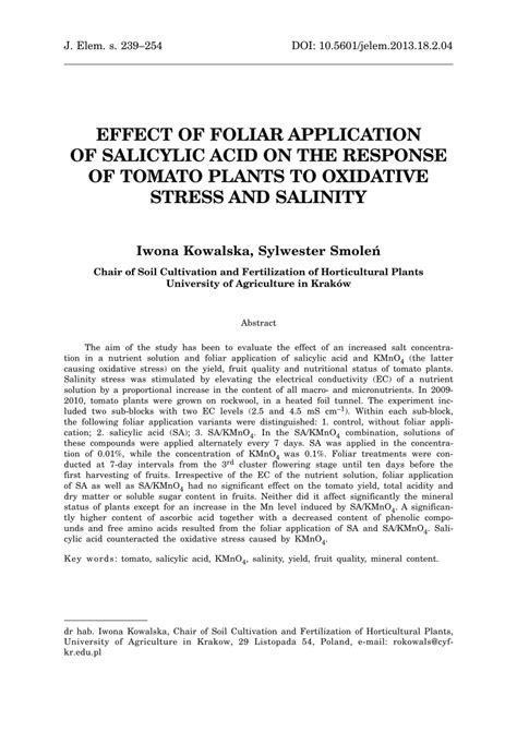 Pdf Effect Of Foliar Application Of Salicylic Acid On The Response Of