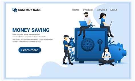 현대 평면 웹 페이지 디자인 개념의 돈 절약 사람들과 함께 거 대 한 안전 은행 근처에서 작동 합니다 플랫 방문 페이지 템플릿입니다 벡터 일러스트레이션 안전 보관함에 대한