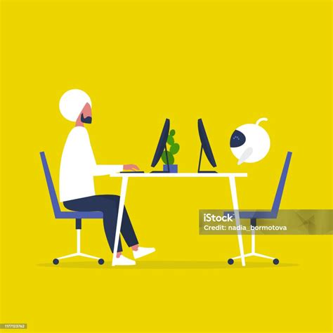 인공 지능 대 인간 새로운 기술 플랫 편집 가능한 벡터 일러스트레이션 클립 아트 현대적인 사무실 기계 학습 젊은 인도 남성 캐릭터와 로봇 작업 에 이 컴퓨터 Z세대에 대한