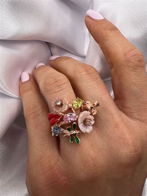 Natural Gemstone Delicate Flower Ring Gold Plated Sterling Silver