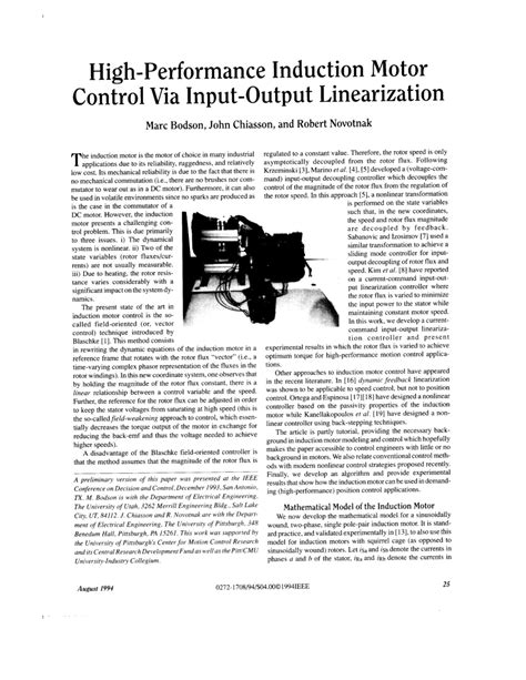 Pdf High Performance Induction Motor Control Via Input Output Linearization