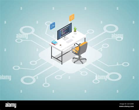 Programming Concept With Workspace And Network Sign With Modern Flat Isometric Style Vector