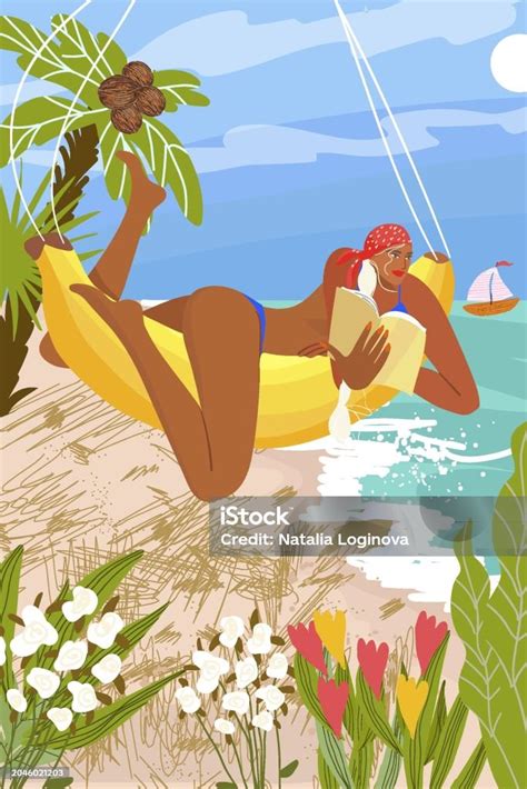 자연 해변 바다 여름 파티를 위한 전단지 순간을 즐기는 배경에서 소녀 여자의 이미지가 있는 세로 엽서 벡터 일러스트 레이 션