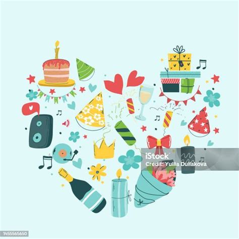 생일 파티 고립 된 요소는 하트 모양으로 설정됩니다 손으로 그린 삽화 인사말 카드 초대장 디자인 요소 양초 풍선이있는 케이크