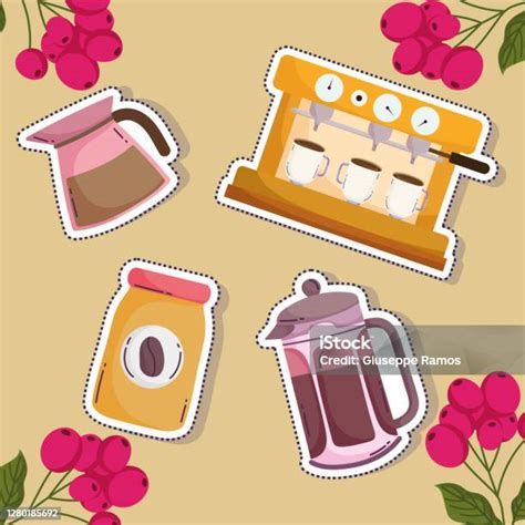 커피 양조 방법 카푸치노 기계 주전자 프렌치 프레스 병 및 곡물 배경 기계류에 대한 스톡 벡터 아트 및 기타 이미지 기계류