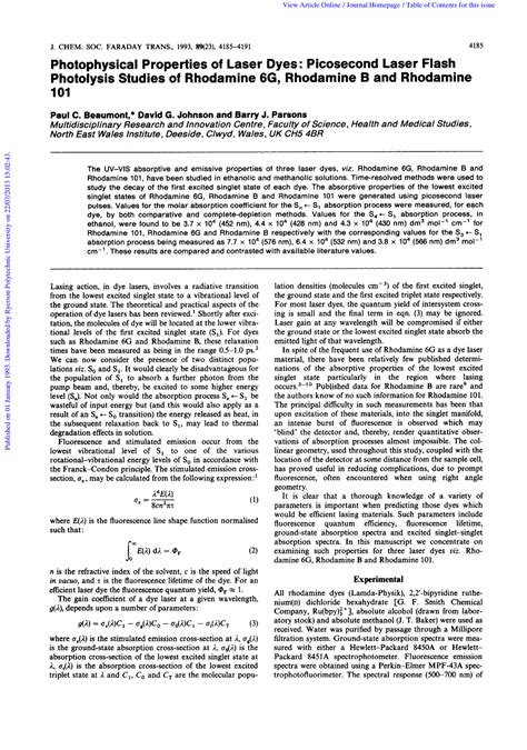 Molar Absorptivity Coefficient J Chem Soc Faraday Trans 1993 89